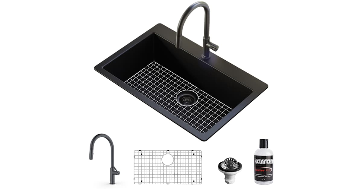 Karran USA QT812BLKKF350GG Quartz QT 33" Drop In Single Basin Quartz ...