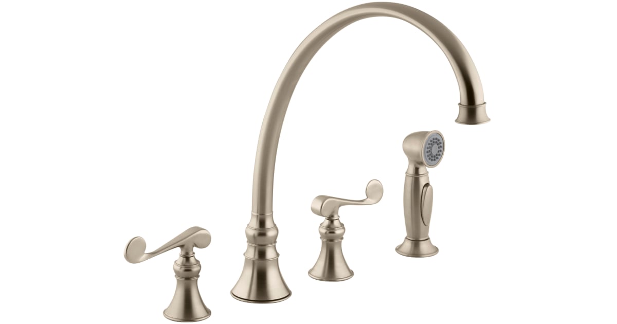 Kohler K-16111-4-BV Double Handle Kitchen Faucet with Metal Scroll ...
