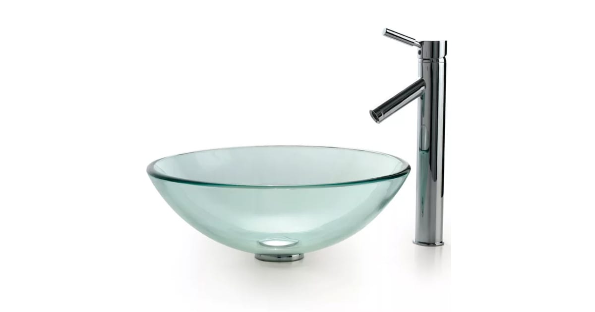 Kraus C-GV-101-12mm-1002SN Bathroom Combo - 16-1/2" Clear Glass Vessel ...