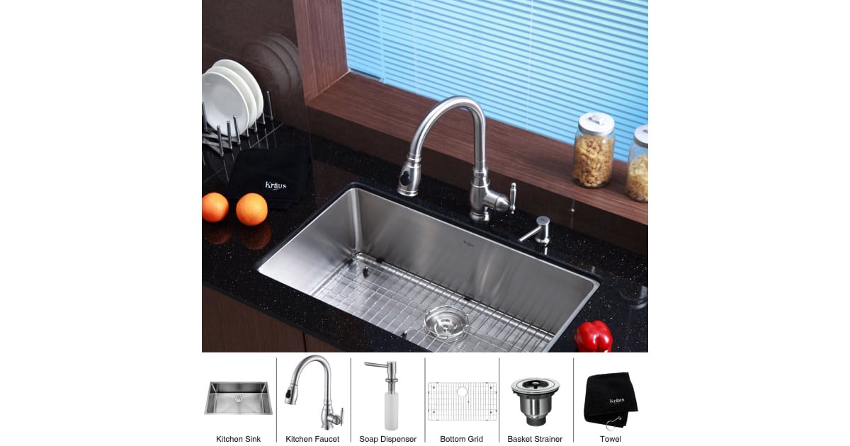 Kraus KHU100-32-KPF2150-SD20 Kitchen Combo - 32" Undermount Single Bowl ...