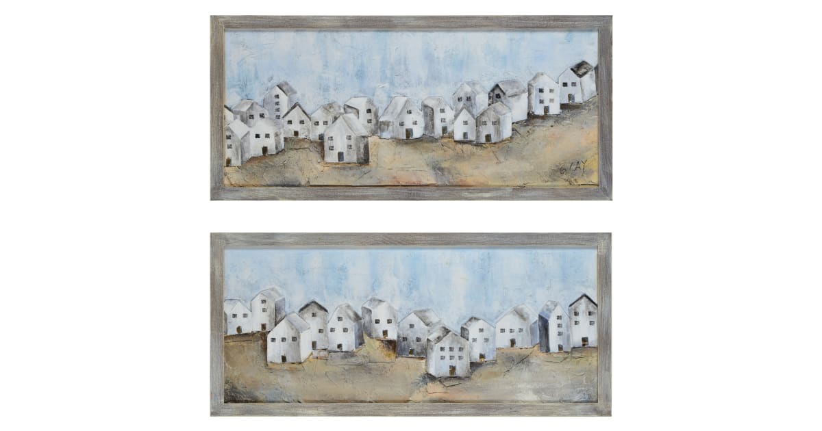 Ren Wil OL1734 Set of 2 Village 17" x 37" Farm and Country Painting On Canvas with Wood Frame ...