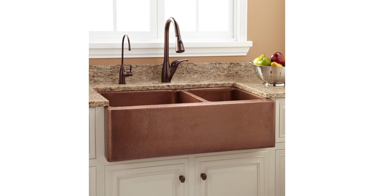 Signature Hardware 397528 Tegan 36" Farmhouse 70/30 Double Basin Copper ...