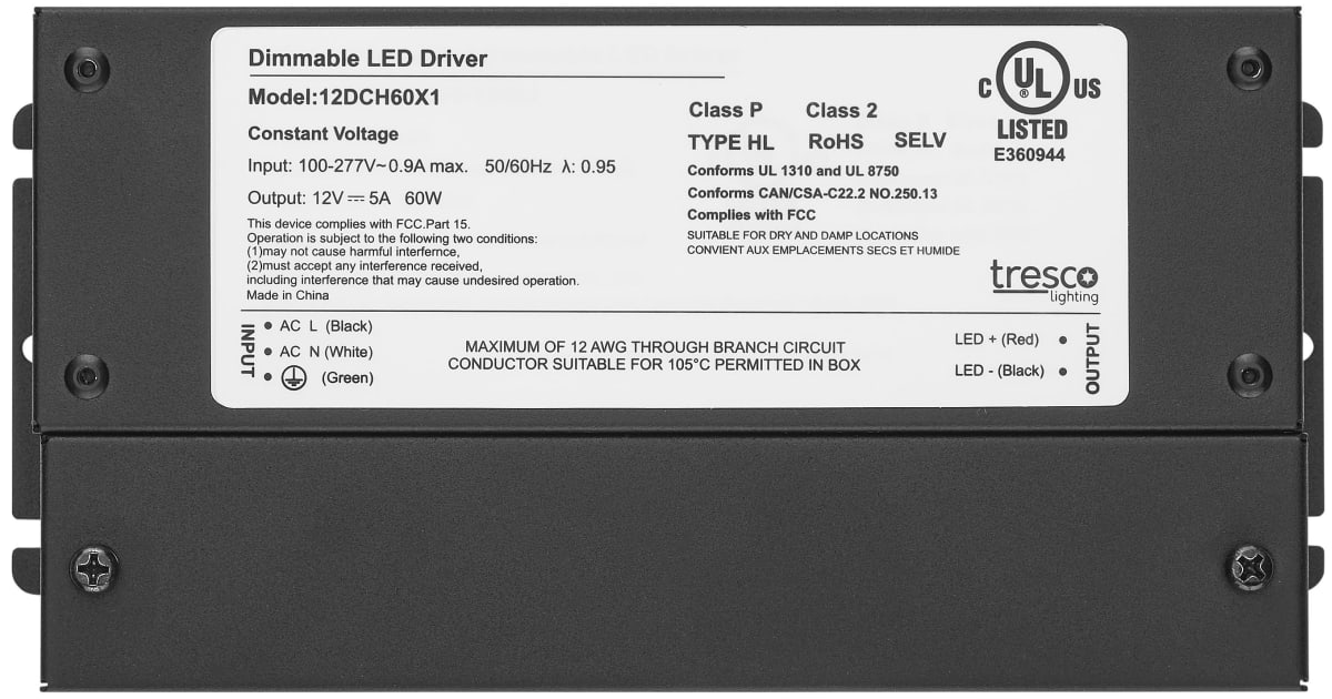 Tresco L-12DCH60X1-1 12VDC 60W Industrial Wall Dimmable Hardwire Power ...