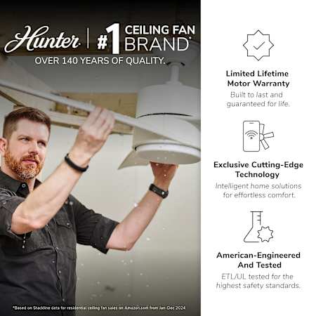 Hunter 52383 Presto 52" 3 Blade Hanging Indoor Ceiling Fan with Wall ...