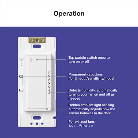 Lutron MS-HS3-WH Maestro XactSense Humidity Sensor Switch, 3A Fan/Light ...