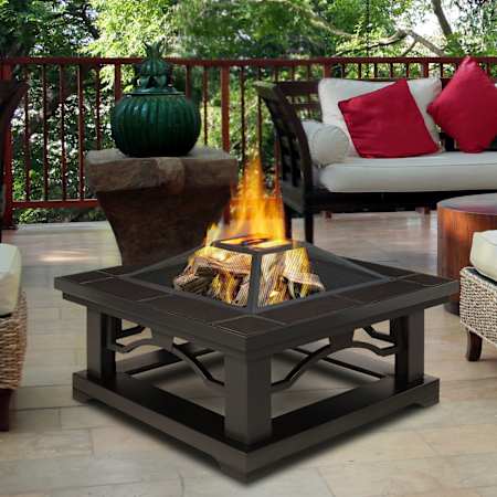 Real Flame 914-BRT 34 Inch Square Wood Burning Fire Pit with Tile Top ...