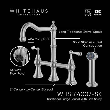 Whitehaus WHSB14007-SK-BSS Waterhaus 1.5 GPM Bridge Kitchen Faucet with ...